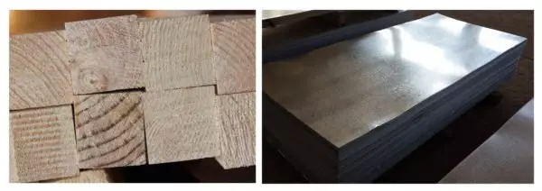 Cinkuotas lakštas ir mediena, skirta monolitinio grindų kūrimui vonioje