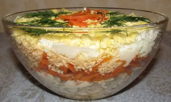 Herkulliset ja yksinkertaiset kananrintasalaatit: Step-by-step reseptit Champunonit, maissi, korealaiset porkkanat, selleri, sienet, kuvat 866_31